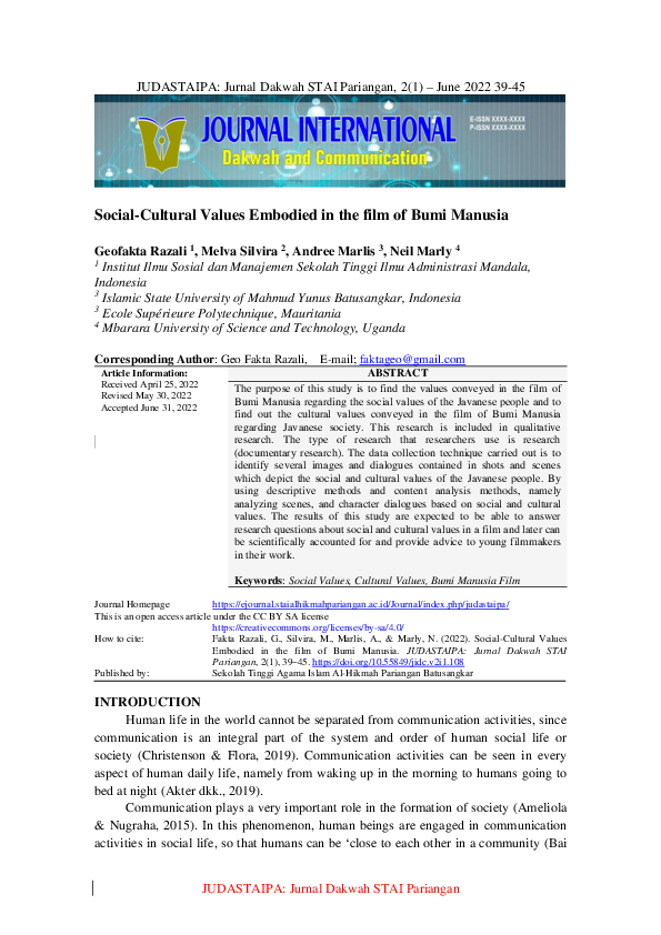 (PDF) Social-Cultural Values Embodied in the film of Bumi Manusia