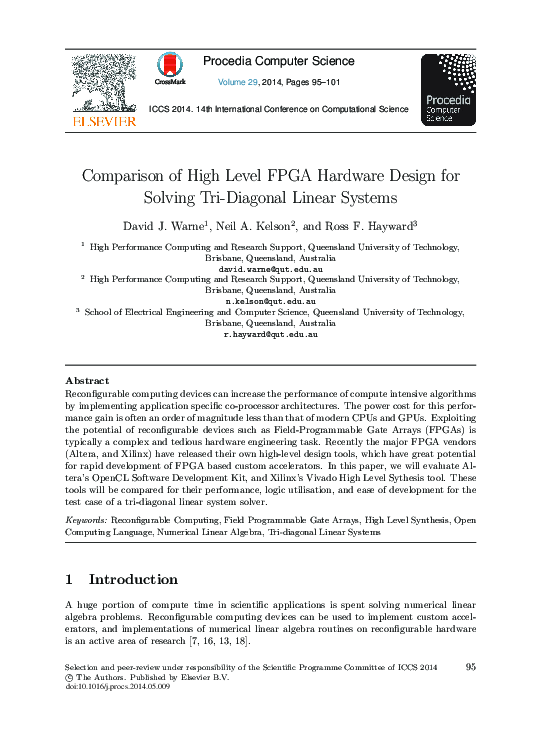 (PDF) Comparison of High Level FPGA Hardware Design for Solving Tri-diagonal Linear Systems