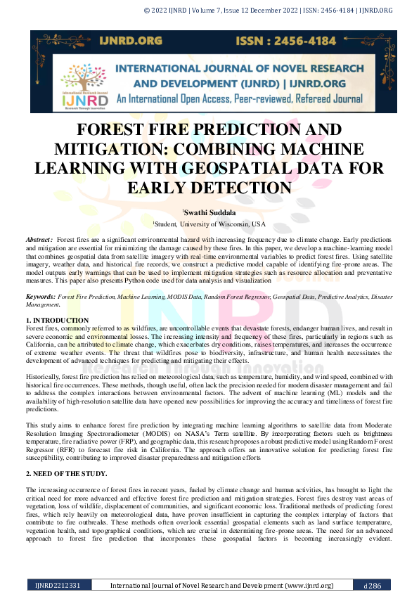 (PDF) FOREST FIRE PREDICTION AND MITIGATION: COMBINING MACHINE LEARNING WITH GEOSPATIAL DATA FOR ...