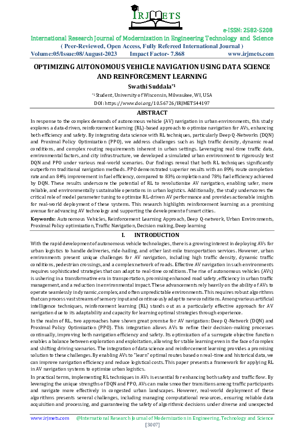 (PDF) OPTIMIZING AUTONOMOUS VEHICLE NAVIGATION USING DATA SCIENCE AND REINFORCEMENT LEARNING