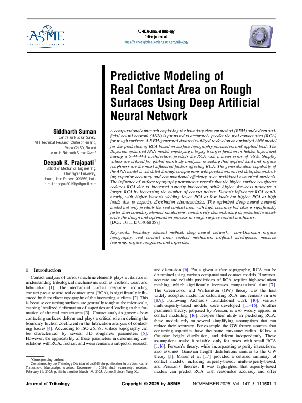Predictive Modeling of Real Contact Area on Rough Surfaces Using Deep ...