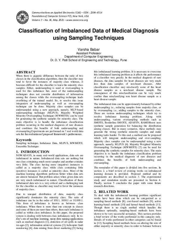 (PDF) Classification of Imbalanced Data of Medical Diagnosis using Sampling Techniques