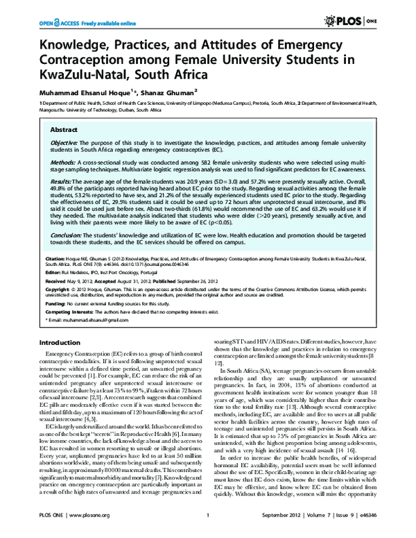 (PDF) Knowledge, Practices, and Attitudes of Emergency Contraception ...