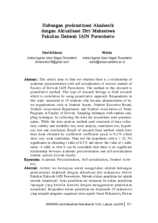 (PDF) Hubungan prokrastinasi Akademik dengan Aktualisasi Diri Mahasiswa Fakultas Dakwah IAIN ...