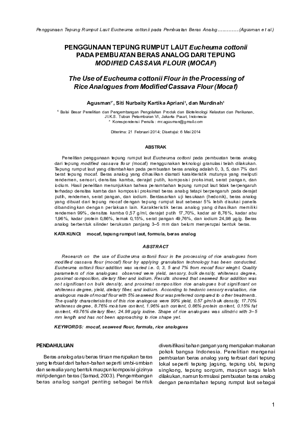 (PDF) Penggunaan Tepung Rumput Laut Eucheuma cottonii pada Pembuatan Beras Analog dari Tepung ...