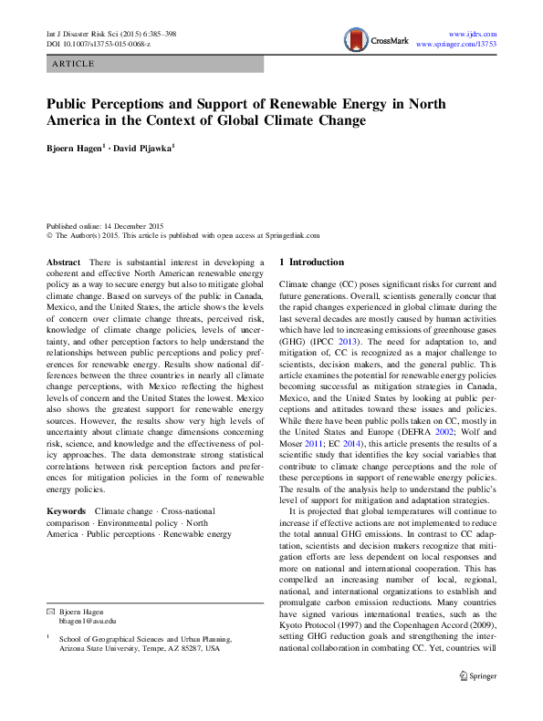 (PDF) Public Perceptions and Support of Renewable Energy in North ...