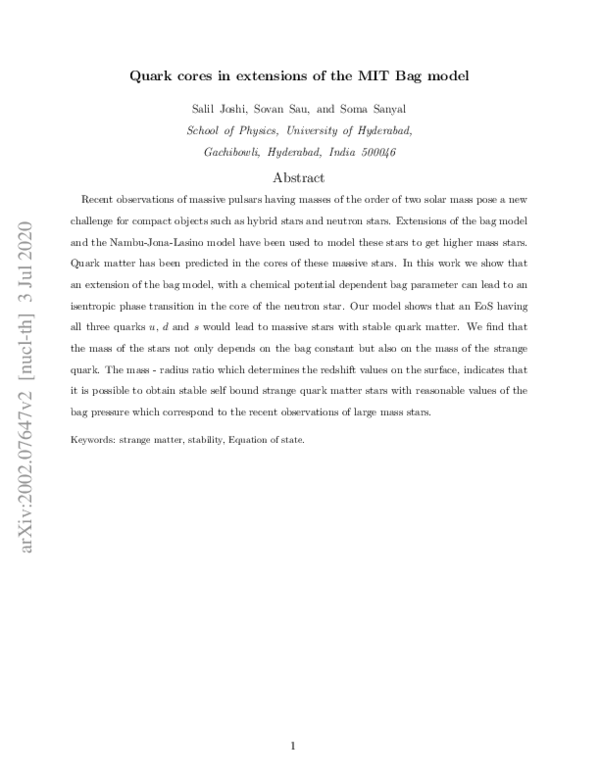 (PDF) Quark cores in extensions of the MIT bag model