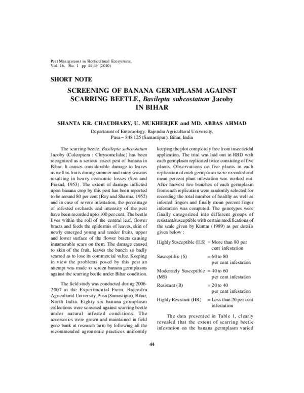 (PDF) Screening of Banana Germplasm Against Scarring Beetle, Basilepta ...