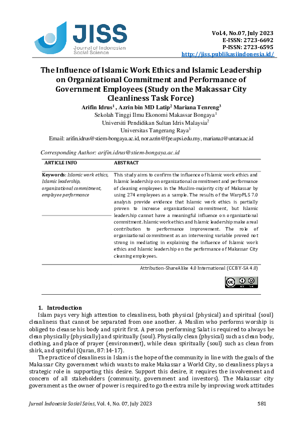 (PDF) The Influence of Islamic Work Ethics and Islamic Leadership on Organizational Commitment ...