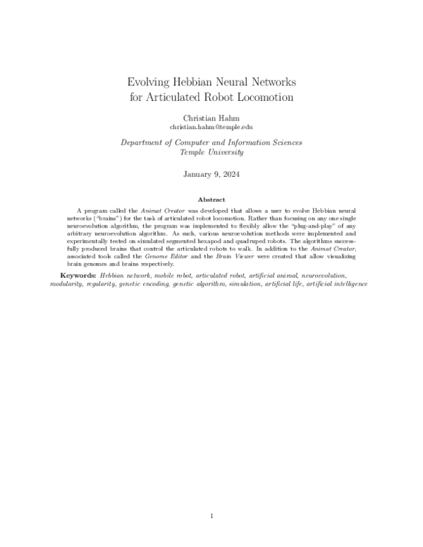 (PDF) Evolving Hebbian Neural Networks for Articulated Robot Locomotion