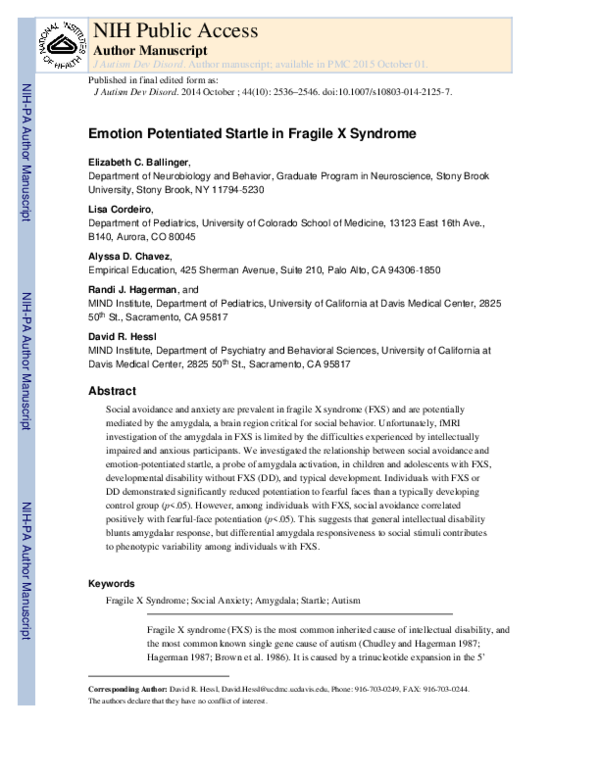 (PDF) Emotion Potentiated Startle in Fragile X Syndrome