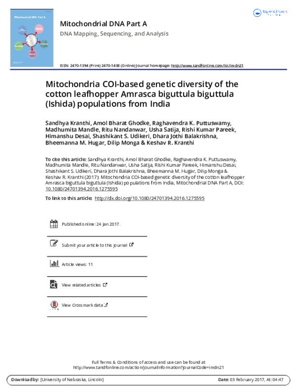 (PDF) Mitochondria COI-based genetic diversity of the cotton leafhopperAmrasca biguttula ...