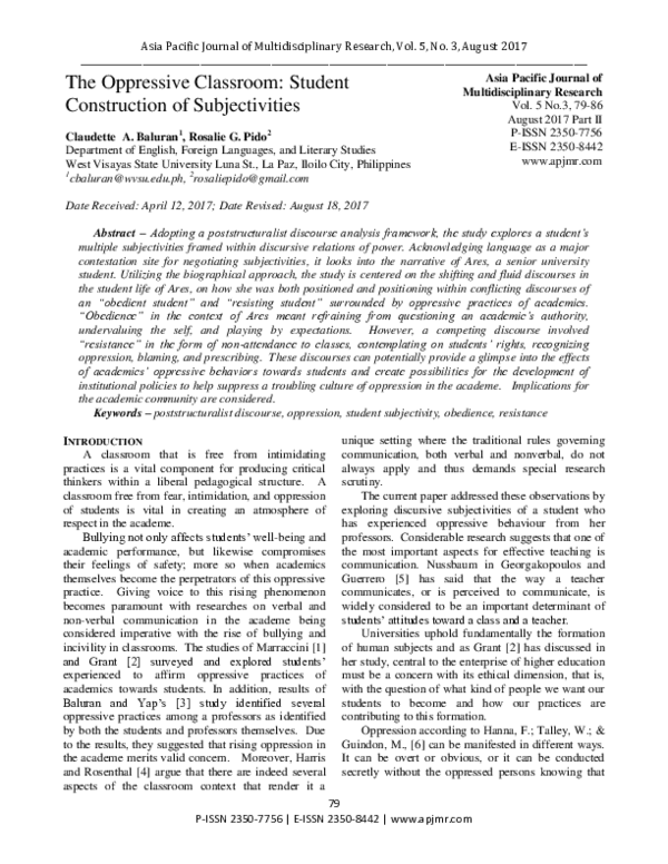 (PDF) The Oppressive Classroom: Student Construction of Subjectivities