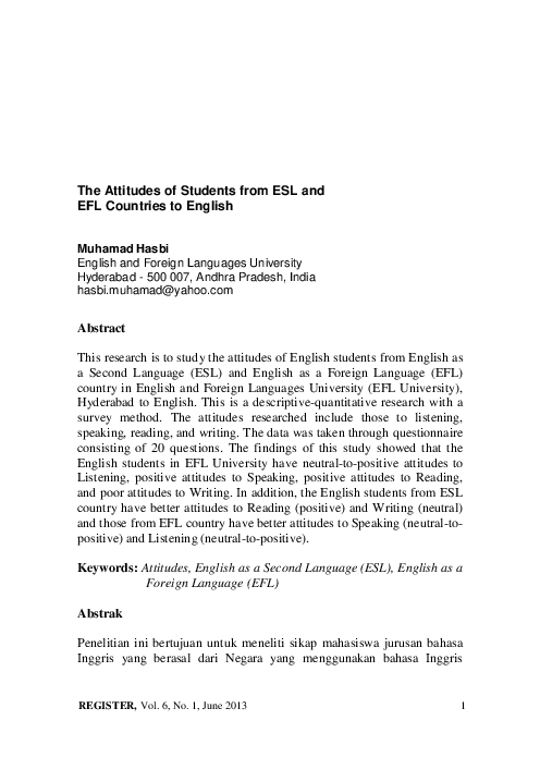 (PDF) The Attitudes of Students from ESL and EFL Countries to English