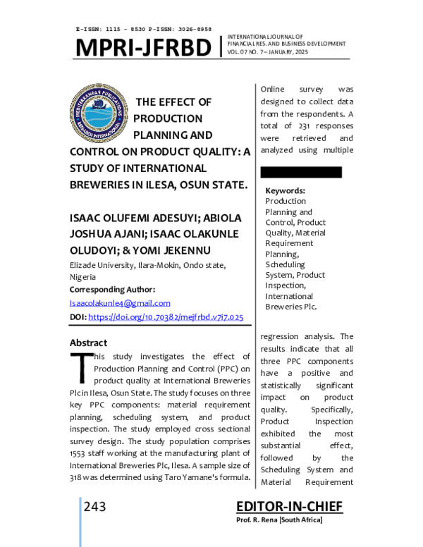 (PDF) THE EFFECT OF PRODUCTION PLANNING AND CONTROL ON PRODUCT QUALITY ...