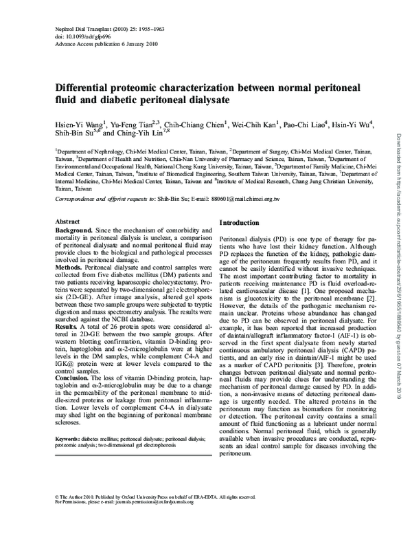 Differential proteomic characterization between normal peritoneal fluid ...