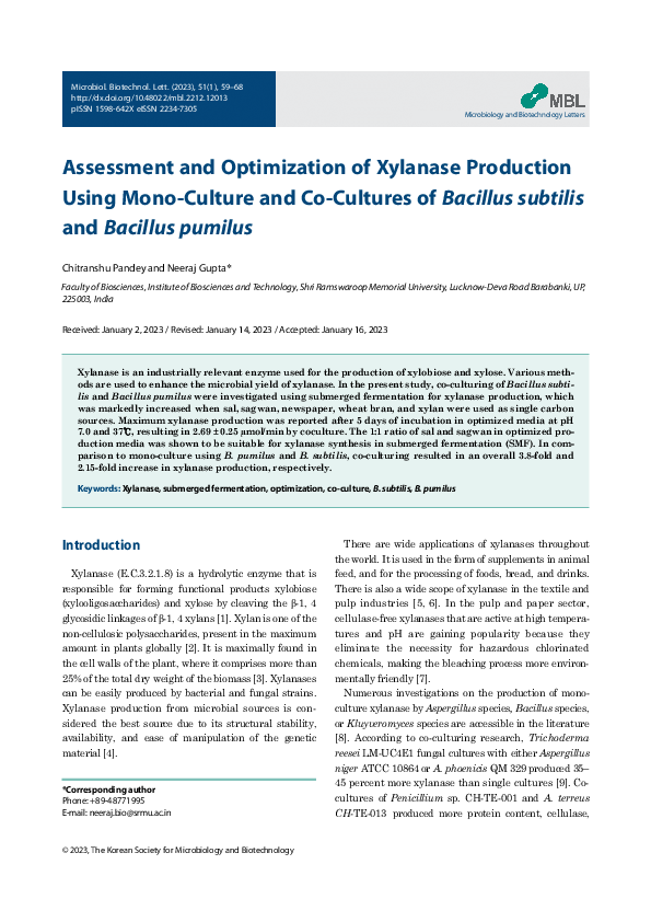 (PDF) Assessment and Optimization of Xylanase Production Using Mono-Culture and Co-Cultures of ...