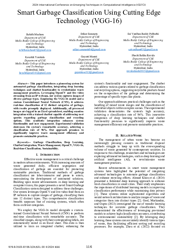 (PDF) Smart Garbage Classification Using Cutting Edge Technology (VGG-16)
