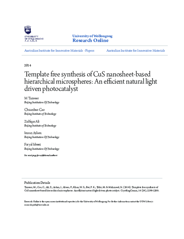 (PDF) Template free synthesis of CuS nanosheet-based hierarchical ...