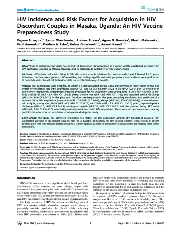 (PDF) HIV Incidence and Risk Factors for Acquisition in HIV Discordant ...