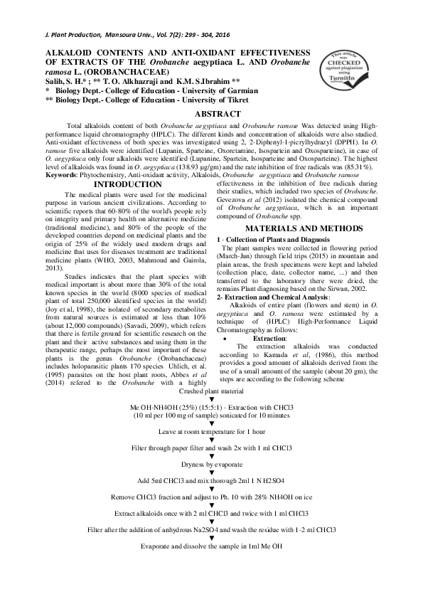 (PDF) ALKALOID CONTENTS AND ANTI-OXIDANT EFFECTIVENESS OF EXTRACTS OF ...