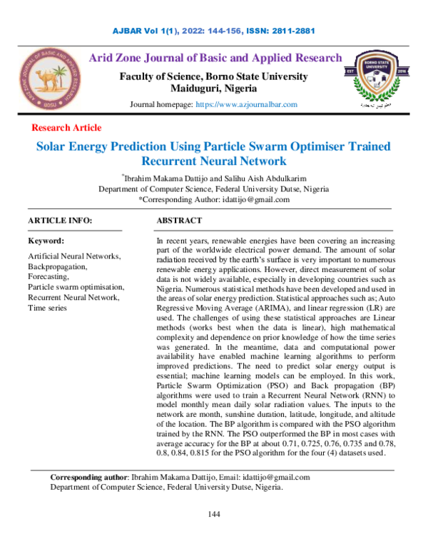 Solar Energy Prediction Using Particle Swarm Optimiser Trained Recurrent Neural Network