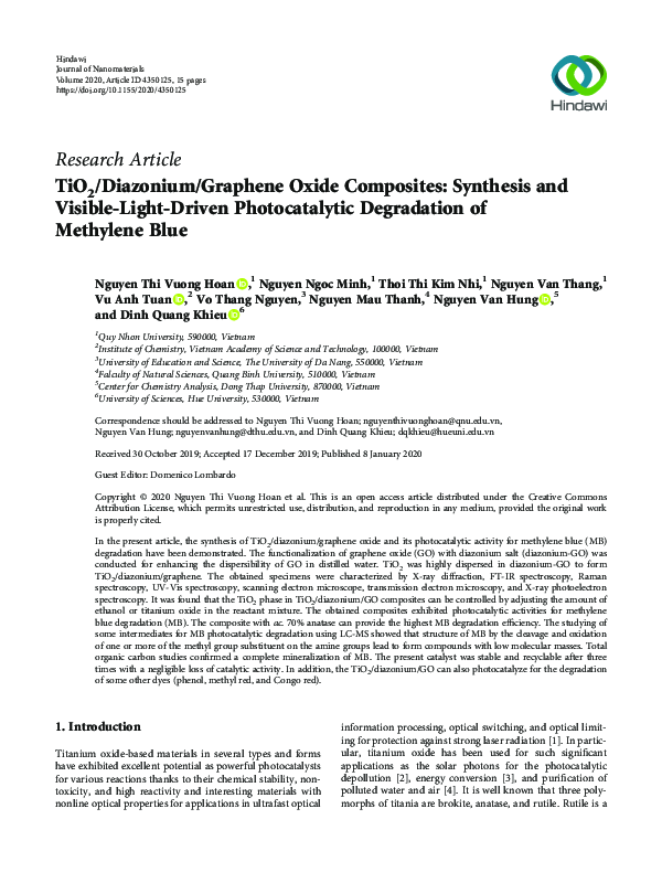 Pdf Tio2 Diazonium Graphene Oxide Composites Synthesis And Visible Light Driven