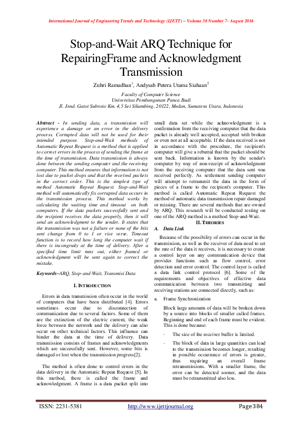 (PDF) Stop-and-Wait ARQ Technique for RepairingFrame and Acknowledgment Transmission