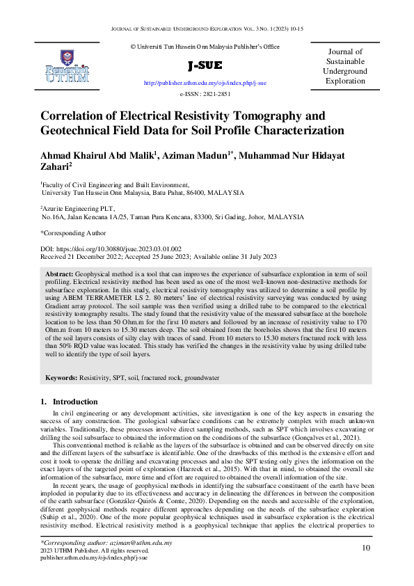 (PDF) Correlation of Electrical Resistivity Tomography and Geotechnical Field Data for Soil ...
