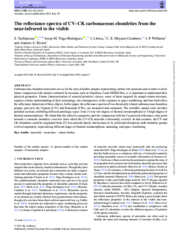 The reflectance spectra of CV–CK carbonaceous chondrites from the near ...