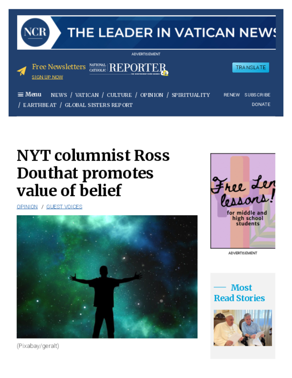 (PDF) NYT columnist Ross Douthat promotes value of belief