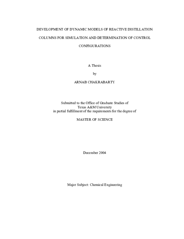 Pdf Development Of Dynamic Models Of Reactive Distillation Columns For Simulation And