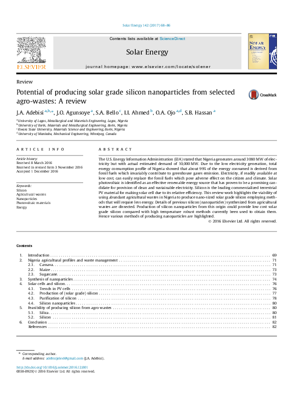 (PDF) Potential of producing solar grade silicon nanoparticles from ...
