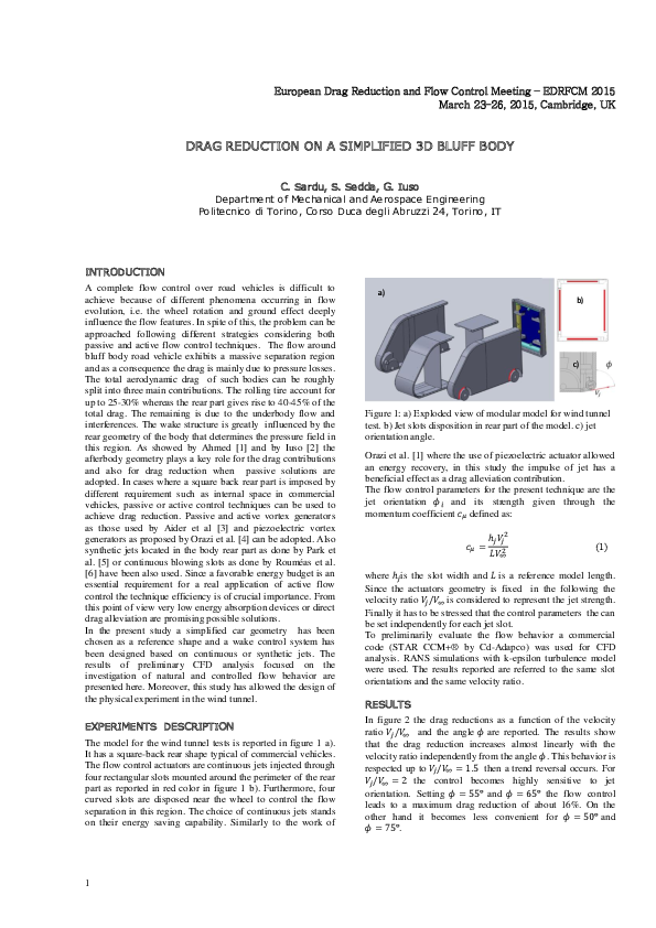 (PDF) Drag Reduction on a Simplified 3D Bluff Body