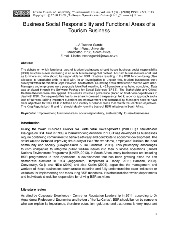 (PDF) Business Social Responsibility and Functional Areas of a Tourism ...