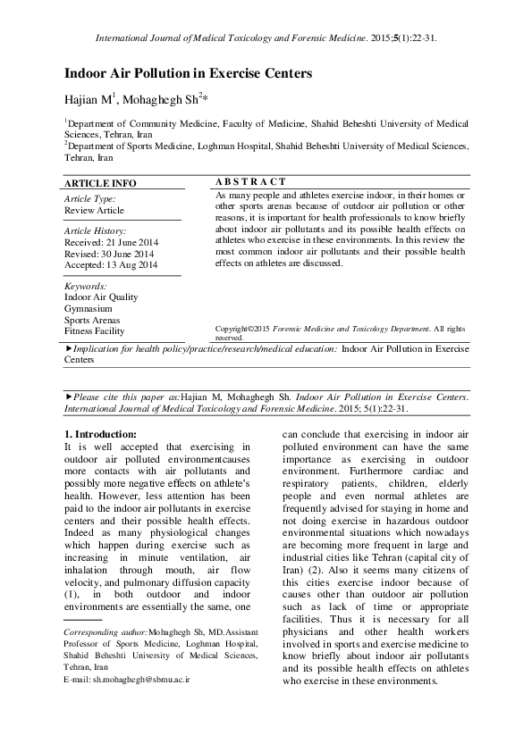 (PDF) Indoor Air Pollution in Exercise Centers