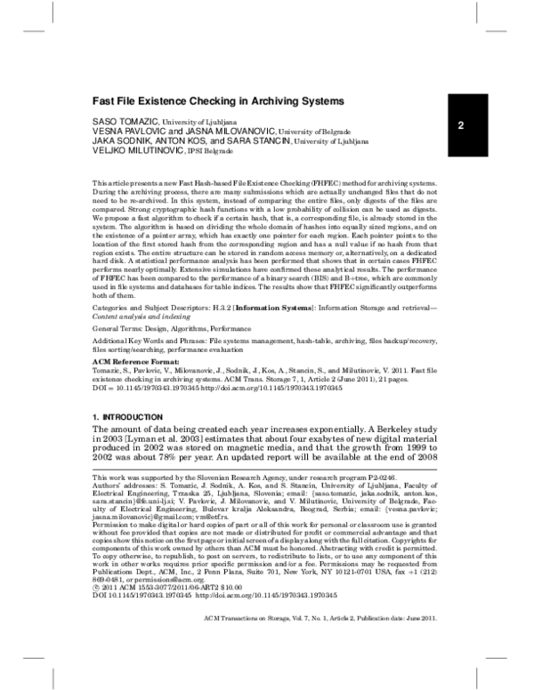 (PDF) Fast file existence checking in archiving systems