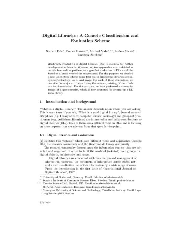 (PDF) Digital Libraries: A Generic Classification and Evaluation Scheme