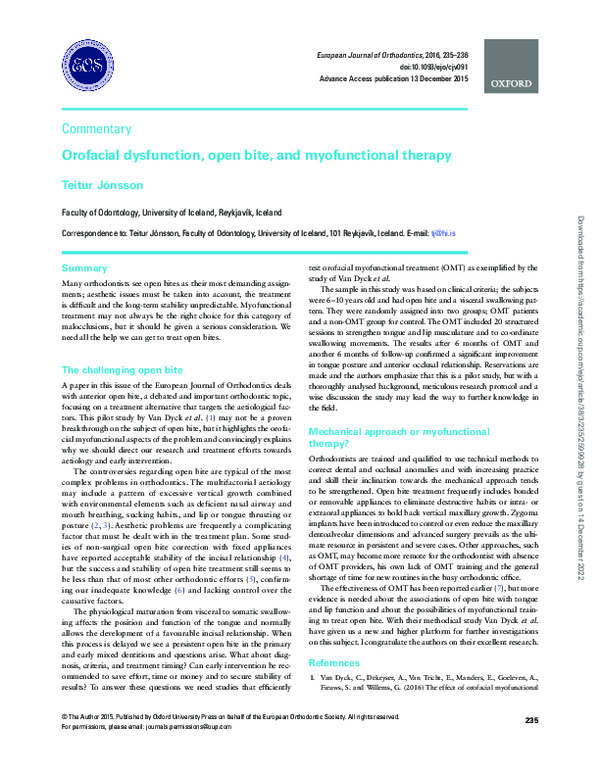 (PDF) Orofacial dysfunction, open bite, and myofunctional therapy