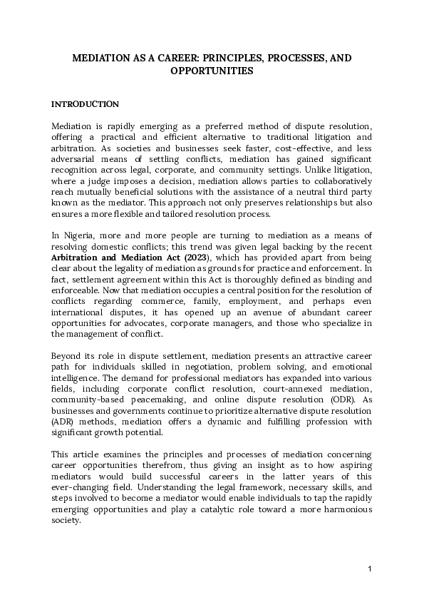 (PDF) MEDIATION AS A CAREER: PRINCIPLES, PROCESSES, AND OPPORTUNITIES