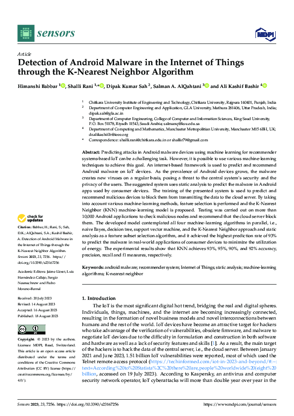 (PDF) Detection of Android Malware in the Internet of Things through the K-Nearest Neighbor ...