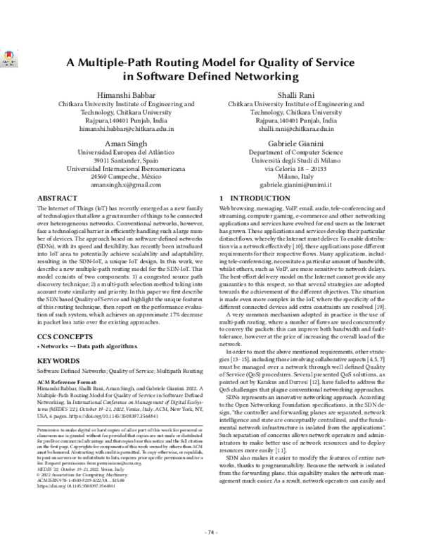 (PDF) A Multiple-Path Routing Model for Quality of Service in Software Defined Networking