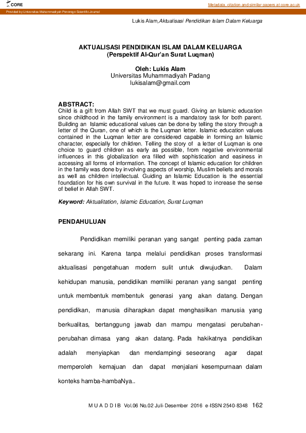 (PDF) AKTUALISASI PENDIDIKAN ISLAM DALAM KELUARGA (Perspektif Al-Qur’an Surat Luqman)