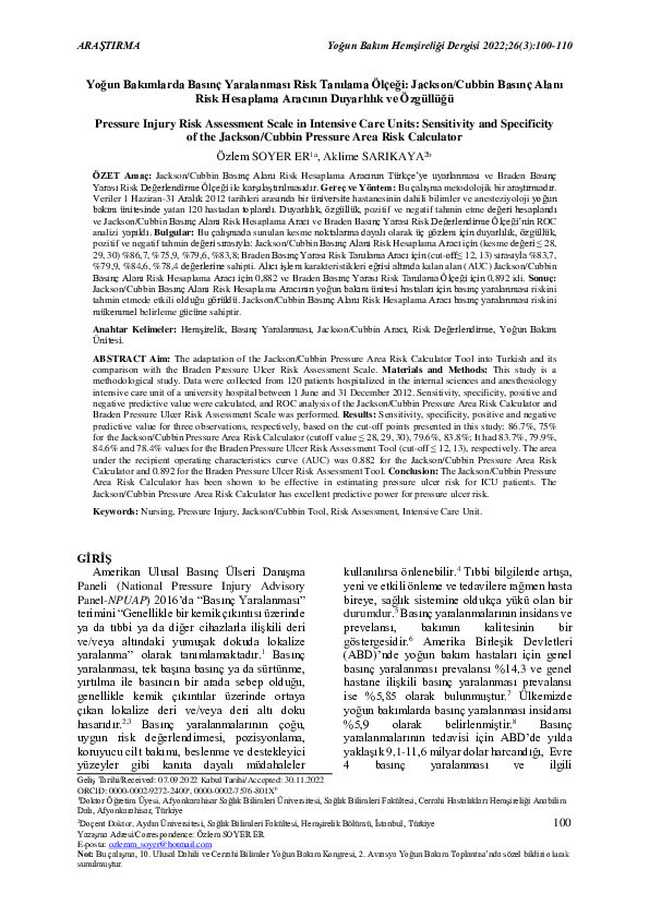 Yoğun Bakımlarda Basınç Yaralanması Risk Tanılama Ölçeği: Jackson ...