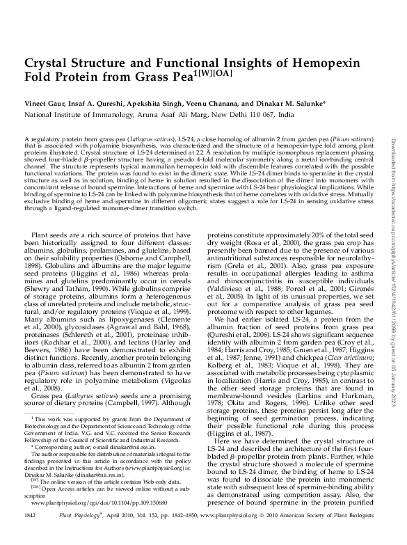 (PDF) Crystal Structure and Functional Insights of Hemopexin Fold Protein from Grass Pea 1(W)(OA)