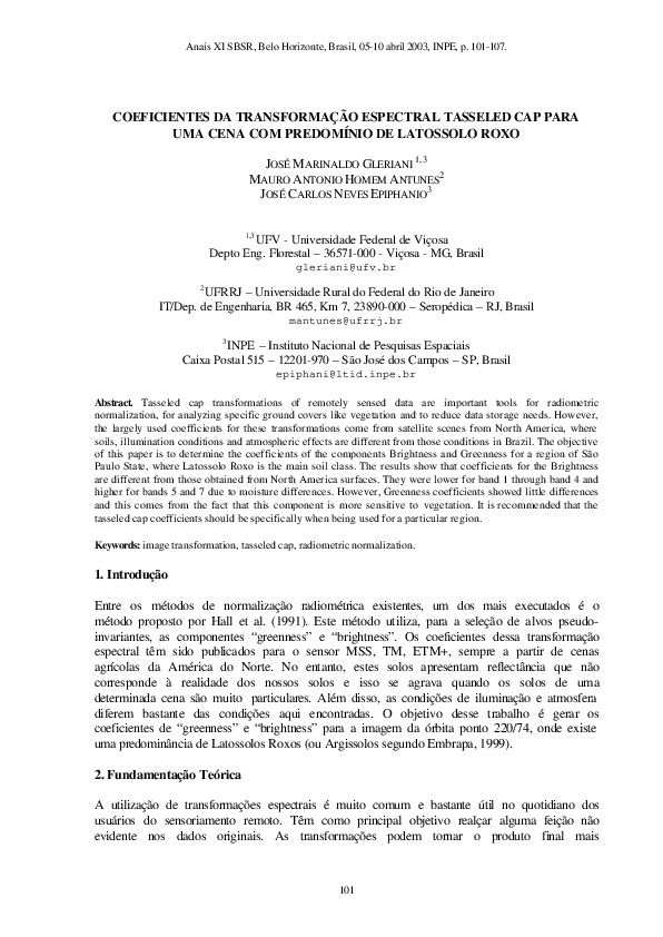 (PDF) Coeficientes da transformação espectral tasseled cap para uma ...