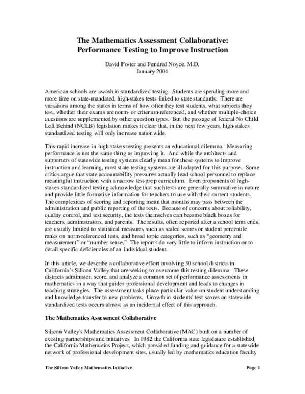 (PDF) The Mathematics Assessment Collaborative: Performance Testing to ...