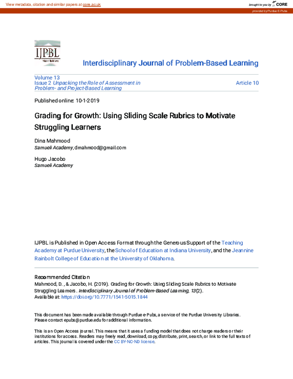 (PDF) Grading for Growth: Using Sliding Scale Rubrics to Motivate Struggling Learners