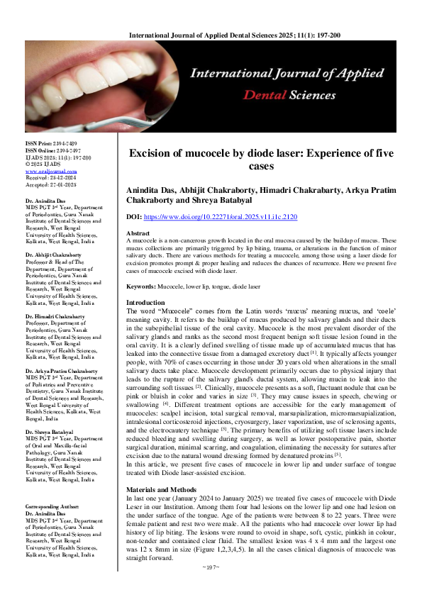 (PDF) Excision of mucocele by diode laser: Experience of five cases