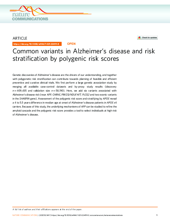 (PDF) Common variants in Alzheimer’s disease and risk stratification by ...